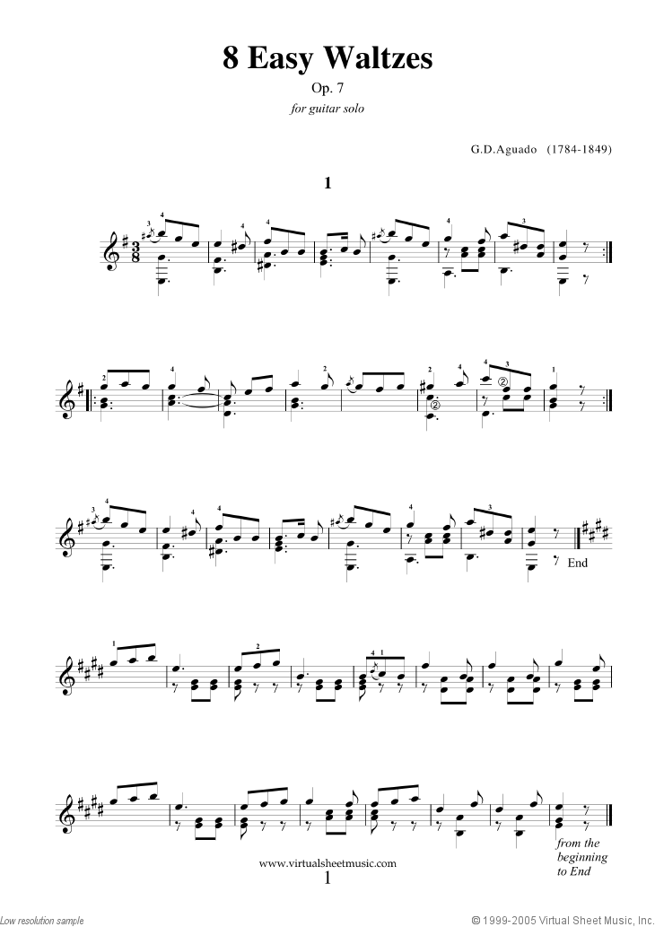 Easy Waltzes, 8 - Op.7 sheet music for guitar solo (PDF)