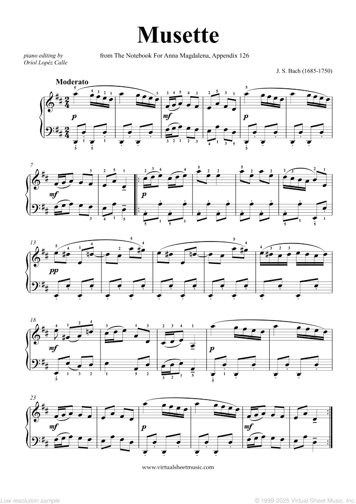 Free Musette in D major sheet music for piano solo - High-Quality