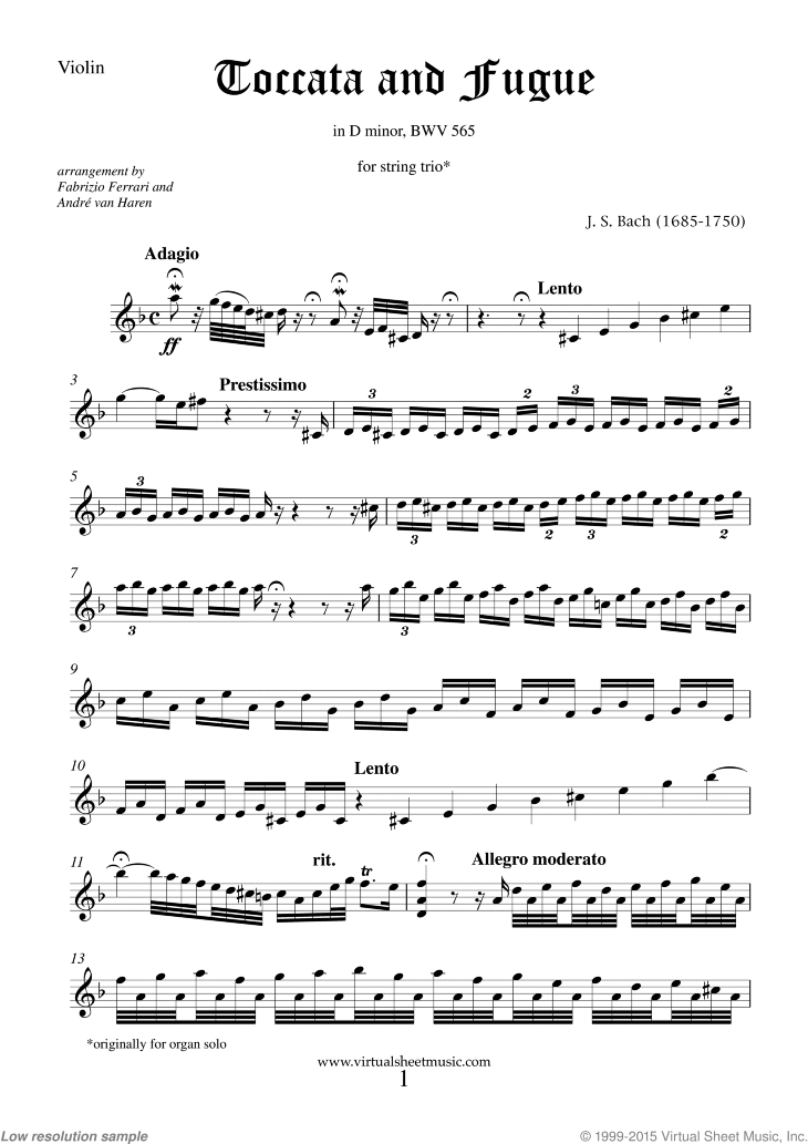 Toccata and Fugue in D minor BWV 565 (parts) sheet music for string trio