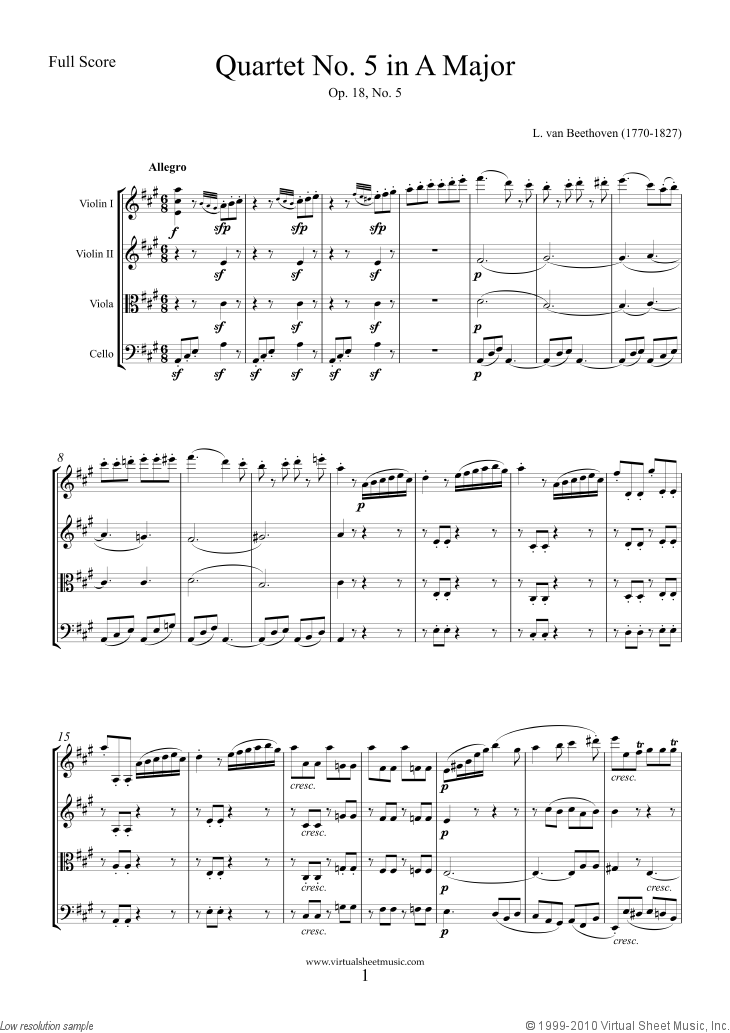 Quartet Op.18 No.5 in A major sheet music for string quartet