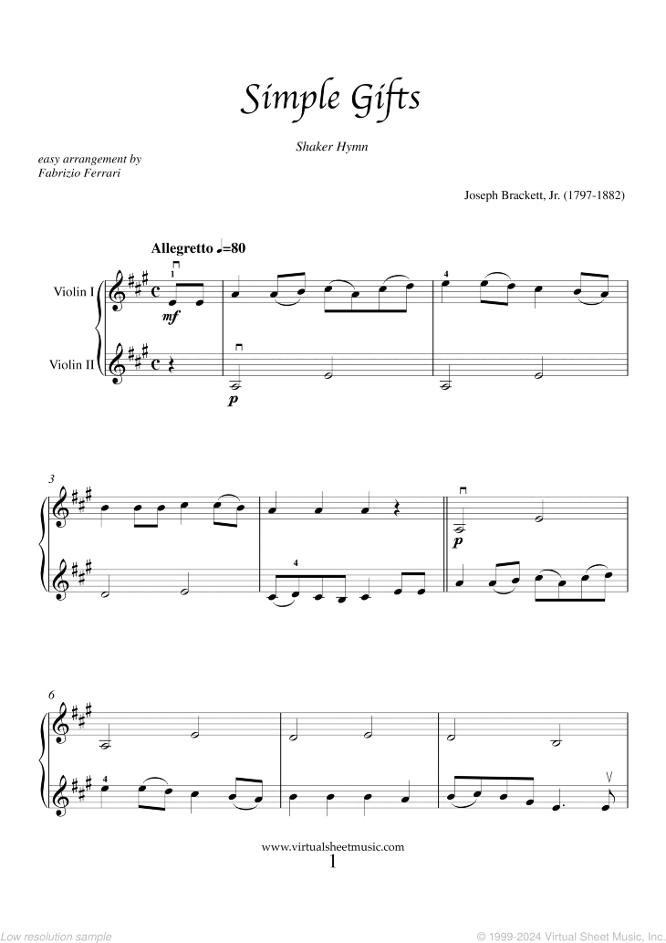 Free Simple Gifts sheet music for two violins - High-Quality
