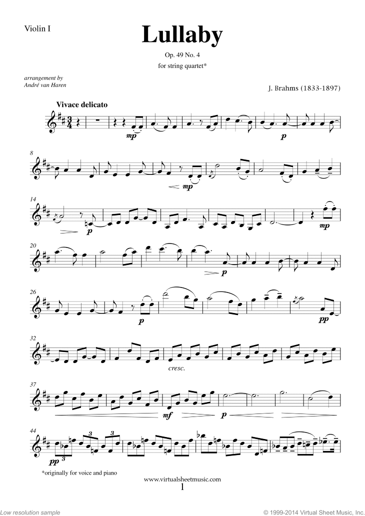 Lullaby Op. 49 No. 4 sheet music for string quartet (PDF)