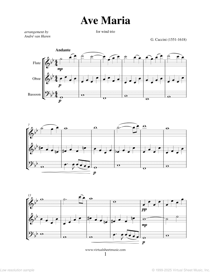 Caccini: Ave Maria sheet music for wind trio (PDF-interactive)