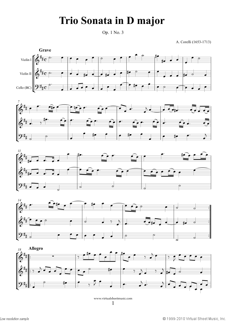 Corelli: Trio Sonata in D major Op.1 No.3 sheet music for two violins ...