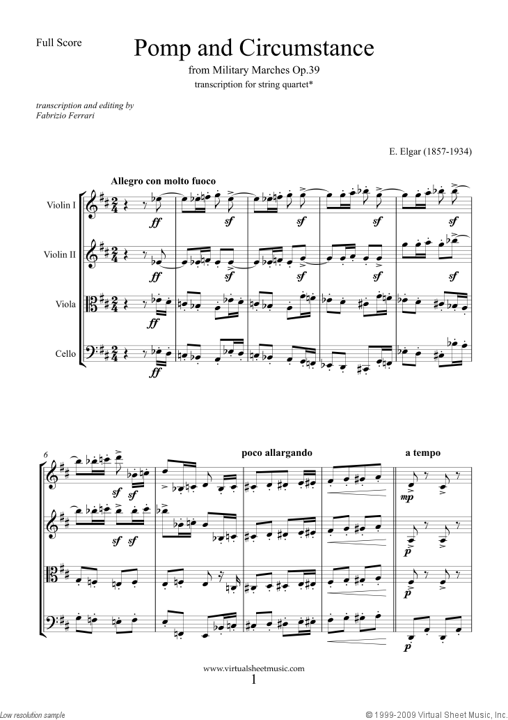 Pomp and Circumstance Op.39 sheet music for string quartet (PDF)