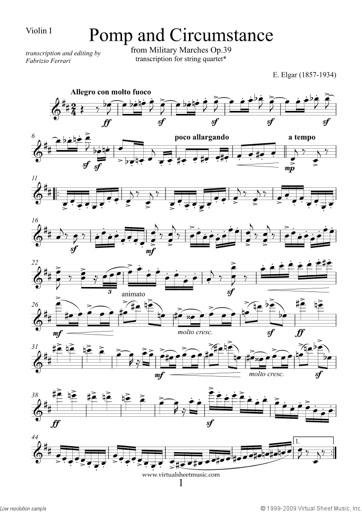 Pomp and Circumstance Op.39 (parts) sheet music for string quartet