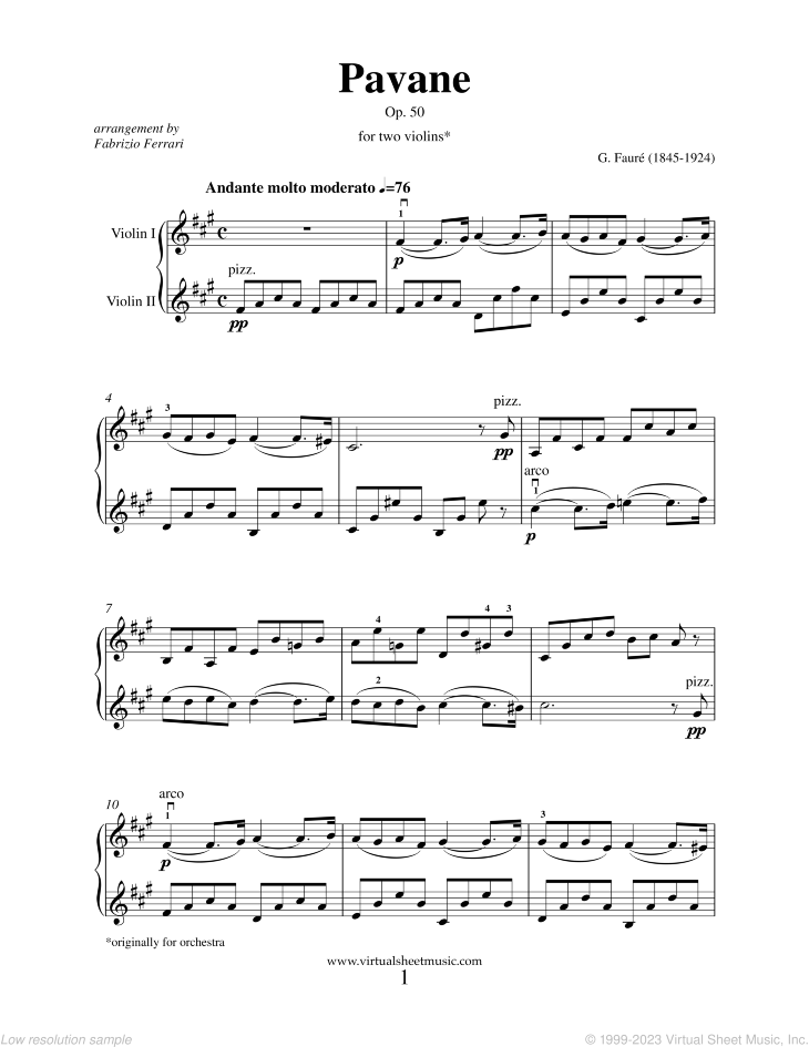 Pavane Op.50 sheet music for two violins (PDF-interactive)