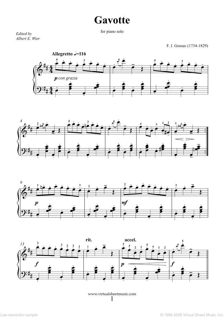 Francois Joseph Gossec: Gavotte sheet music for piano solo (PDF)