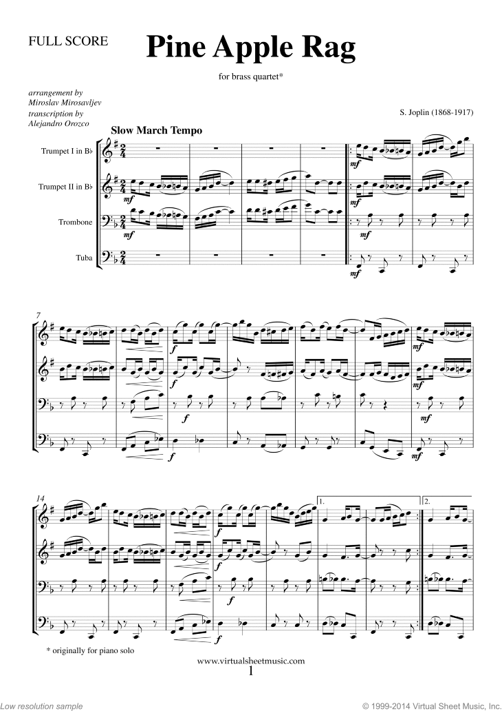 Pine Apple Rag sheet music for brass quartet (PDF-interactive)