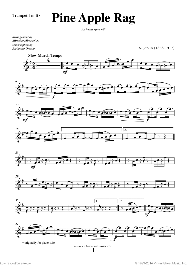 Pine Apple Rag sheet music for brass quartet (PDF-interactive)