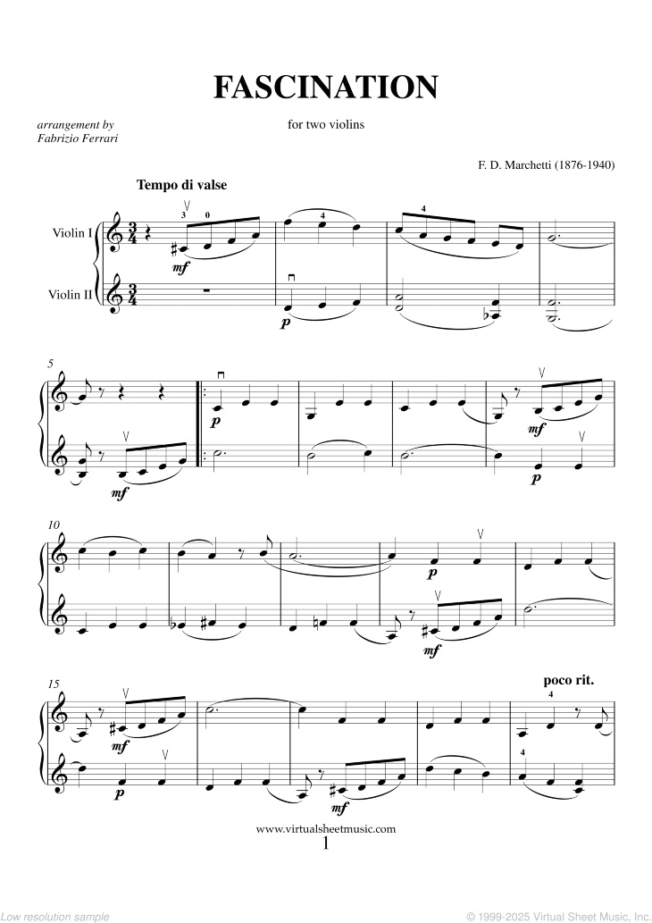 Fascination sheet music for two violins (PDF-interactive)