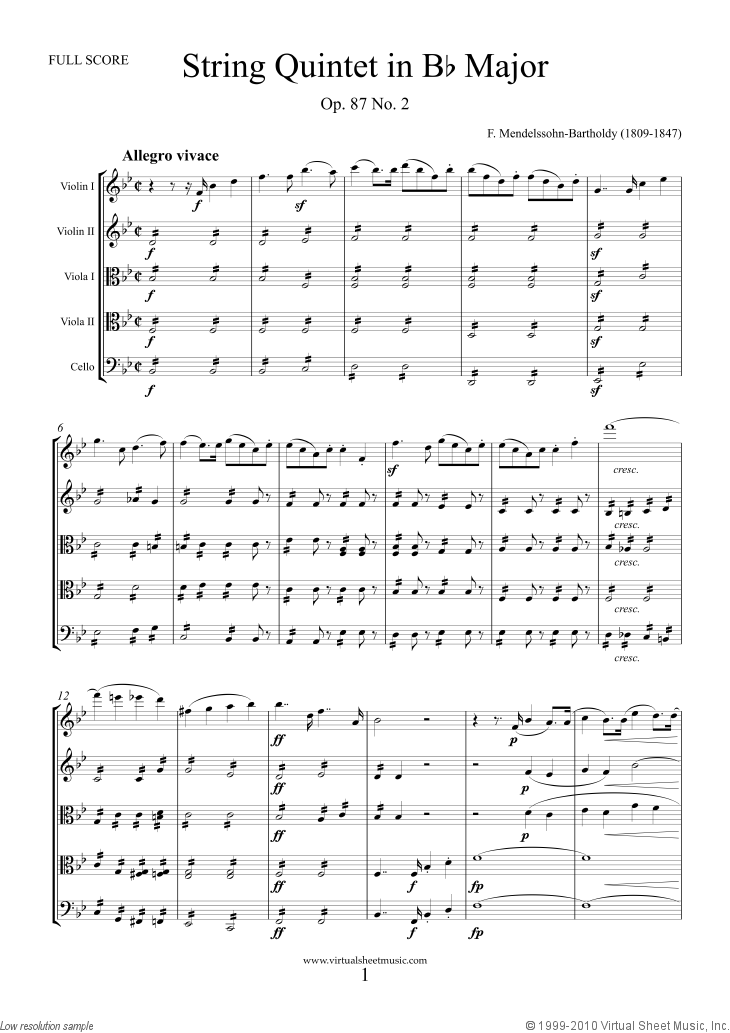 Quintet No. 2 Op. 87 in Bb major sheet music for string quintet