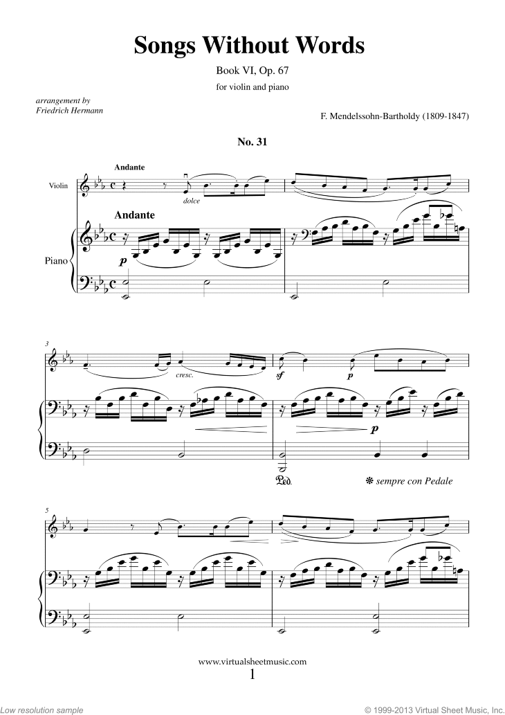 Songs Without Words Op. 26, Book VI sheet music for violin and piano