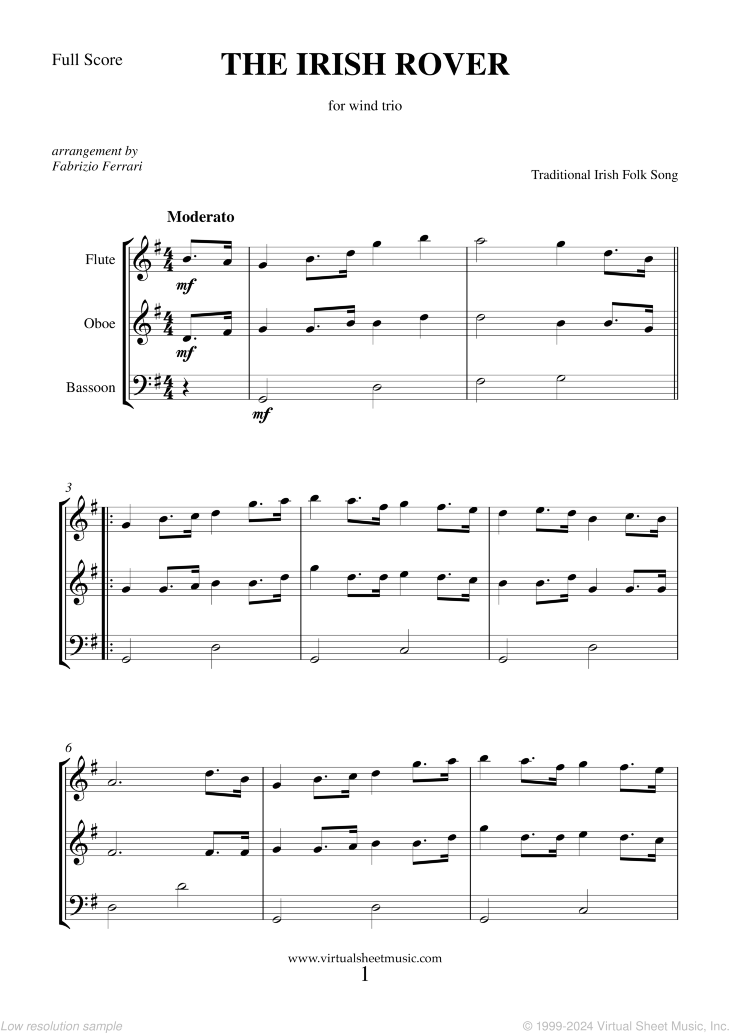 The Irish Rover sheet music for wind trio (PDF-interactive)