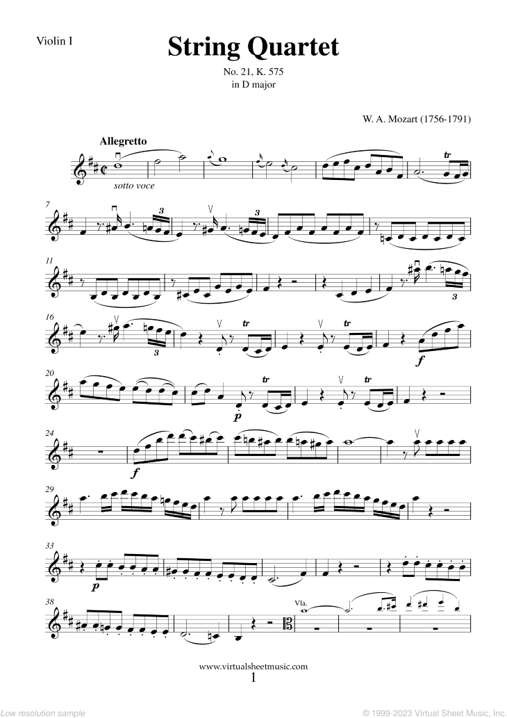 String Quartet No. 21 in D major K 575 (parts) sheet music (PDF)