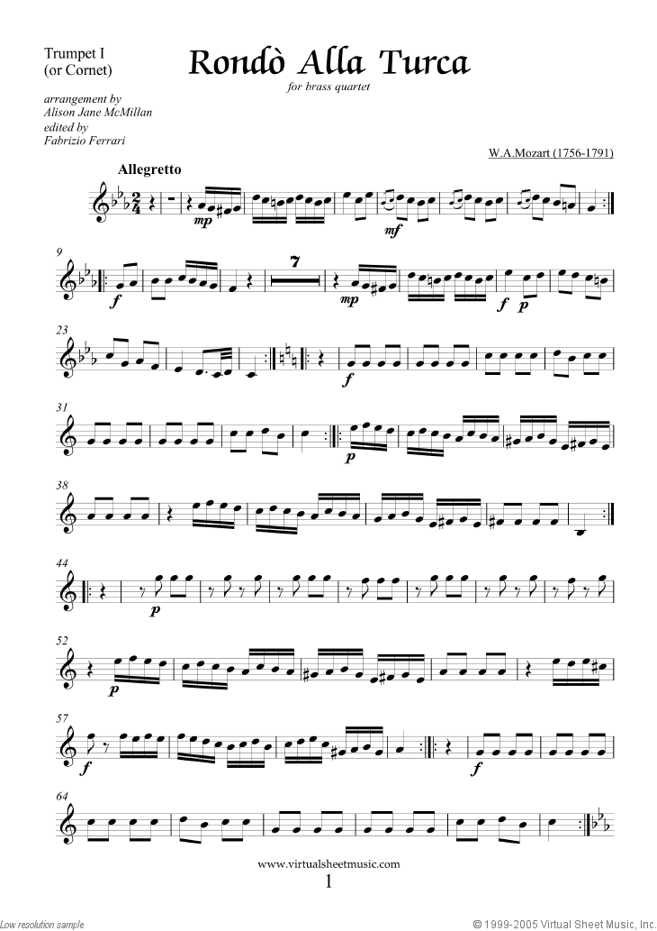 Rondo "Alla Turca" - Turkish March (parts) sheet music for brass quartet