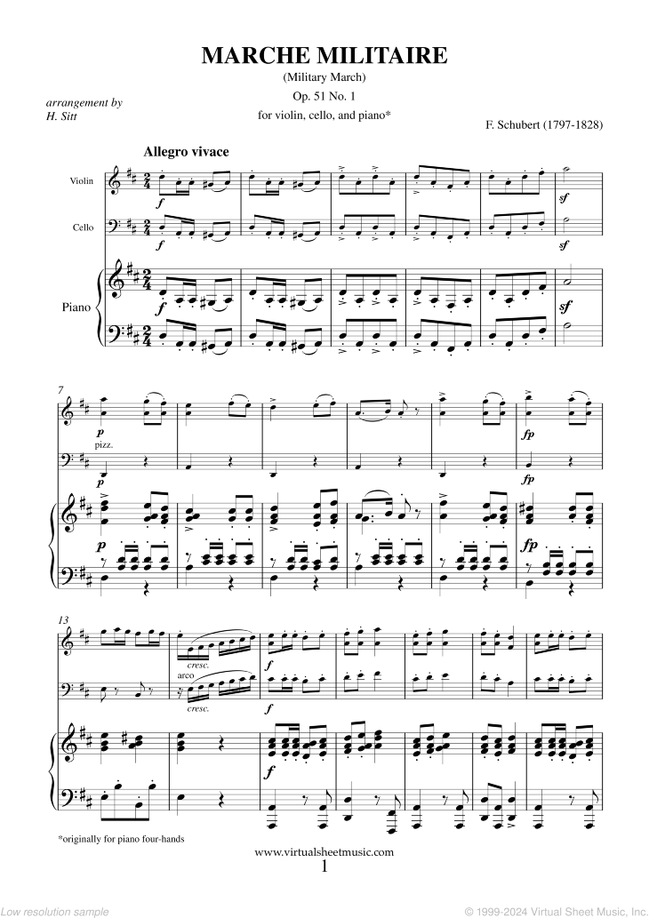 Marche Militaire Op.51 No.1 sheet music for violin, cello and piano
