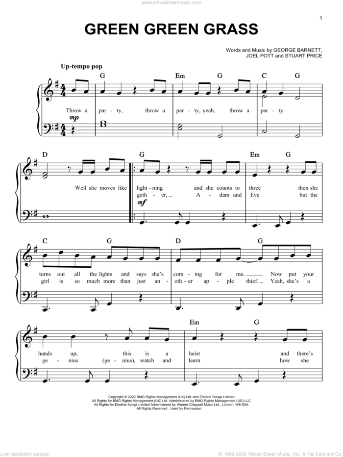 Green Green Grass sheet music for piano solo (PDF-interactive)