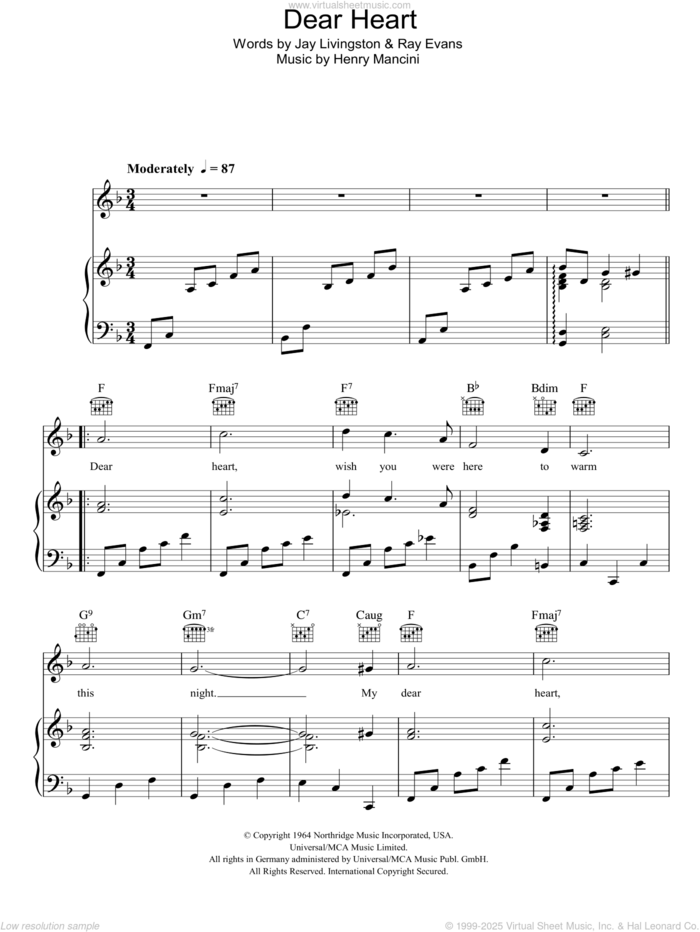 Mancini - Dear Heart sheet music for voice, piano or guitar [PDF]
