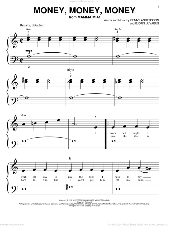 ABBA - Money, Money, Money sheet music for piano solo (big note book)