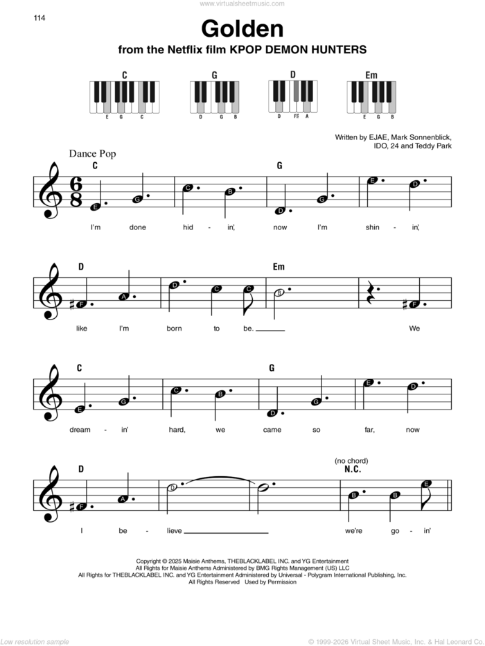 Golden (from KPop Demon Hunters), (beginner) sheet music for piano solo