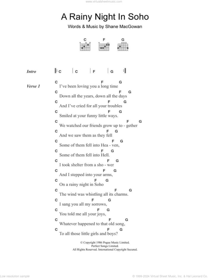 Pogues - A Rainy Night In Soho sheet music for guitar (chords)