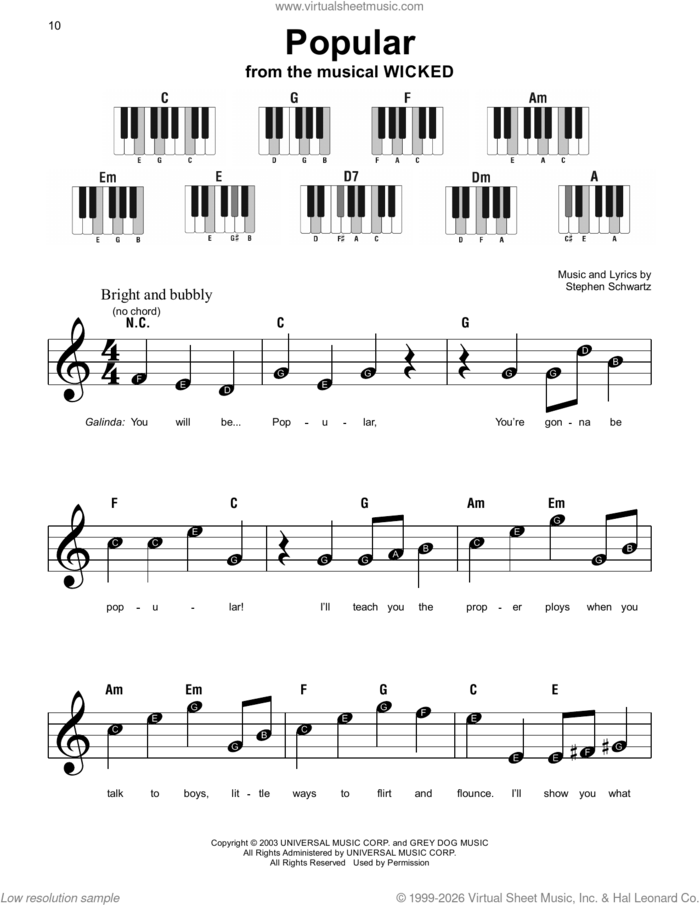 Popular (from Wicked) sheet music for piano solo (PDF)