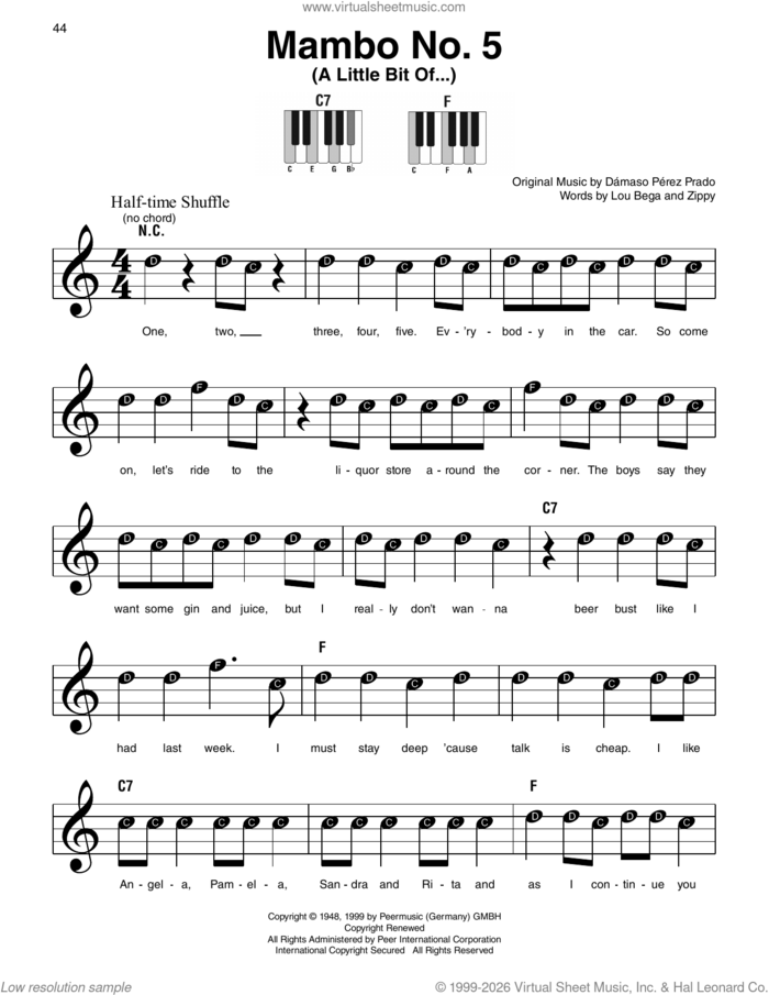Lou Bega: Mambo No. 5 (A Little Bit Of...) sheet music for piano solo