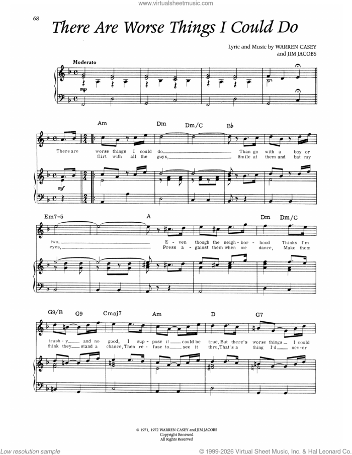 Warren Casey: There Are Worse Things I Could Do (from Grease) sheet ...