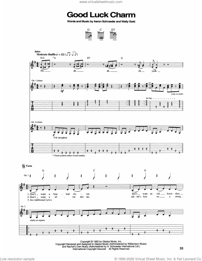 Good Luck Charm sheet music for guitar (tablature) (PDF)