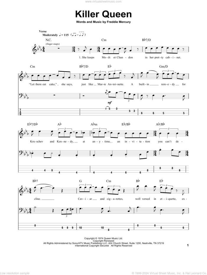 Queen - Killer Queen sheet music for bass (tablature) (bass guitar)