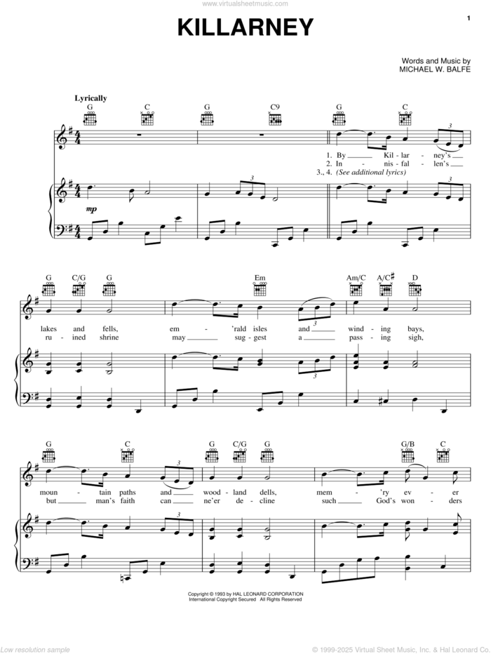 Killarney sheet music for voice, piano or guitar (PDF)
