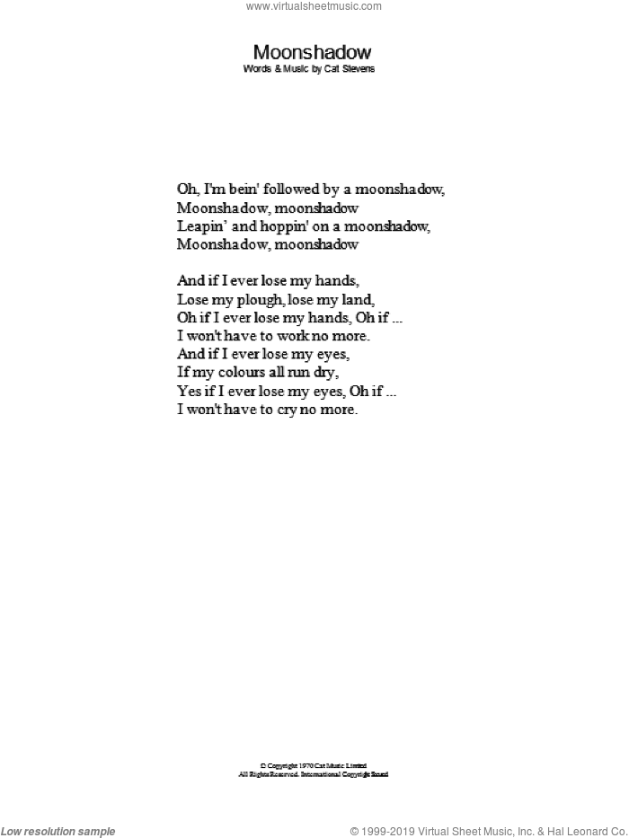 Moonshadow sheet music (lyrics only) (PDF)