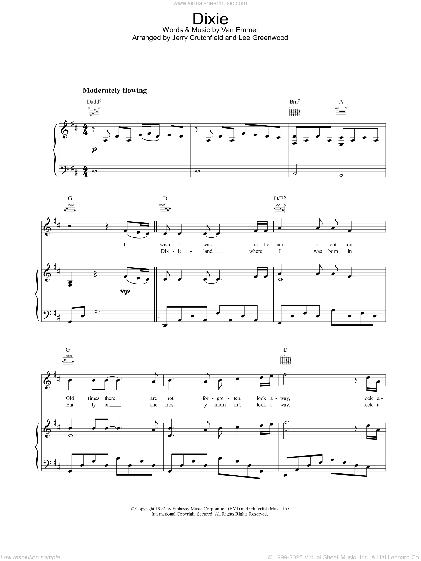Dixie sheet music for voice, piano or guitar (PDF)