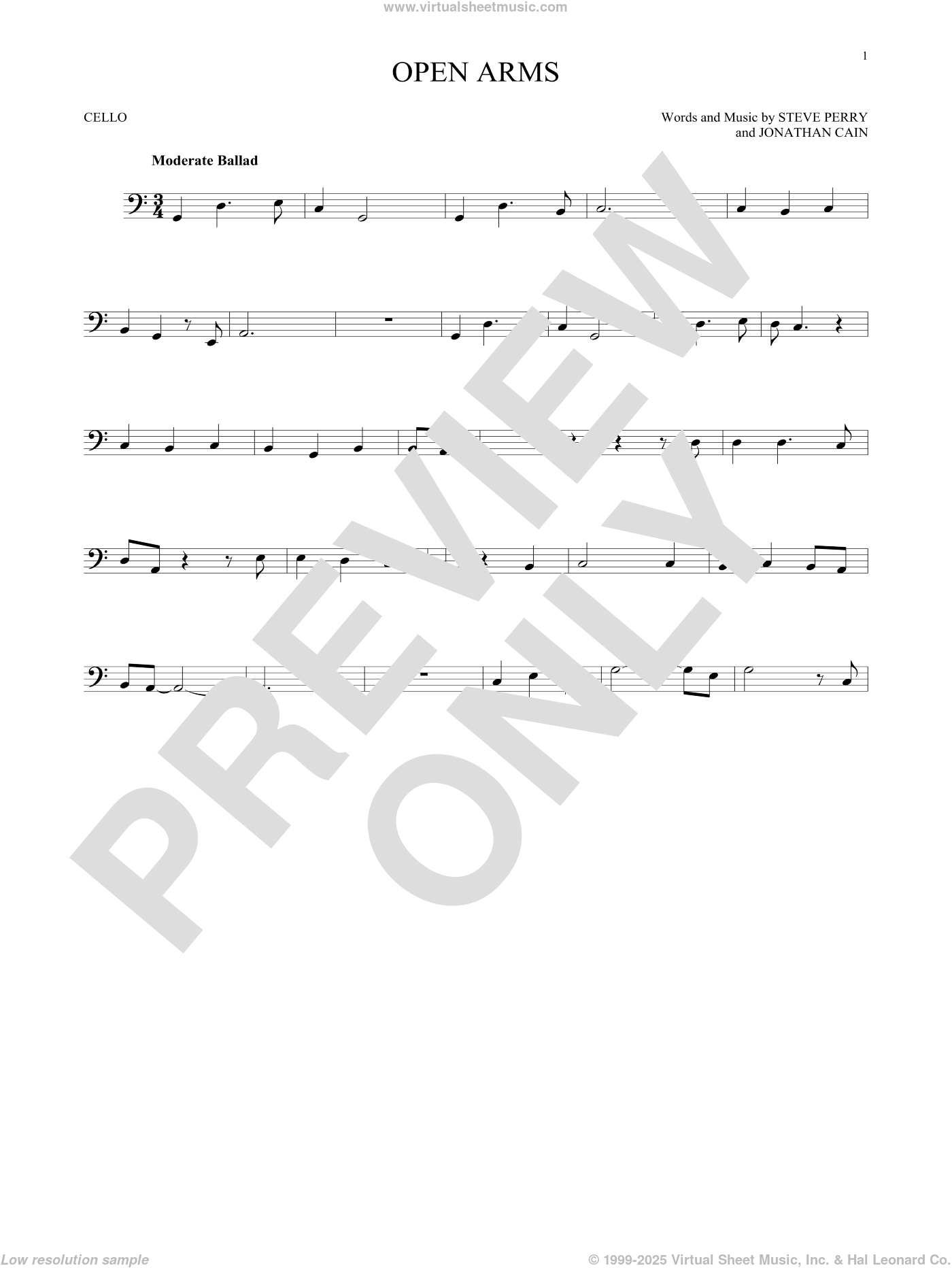 Open Arms sheet music for cello solo (PDF-interactive)
