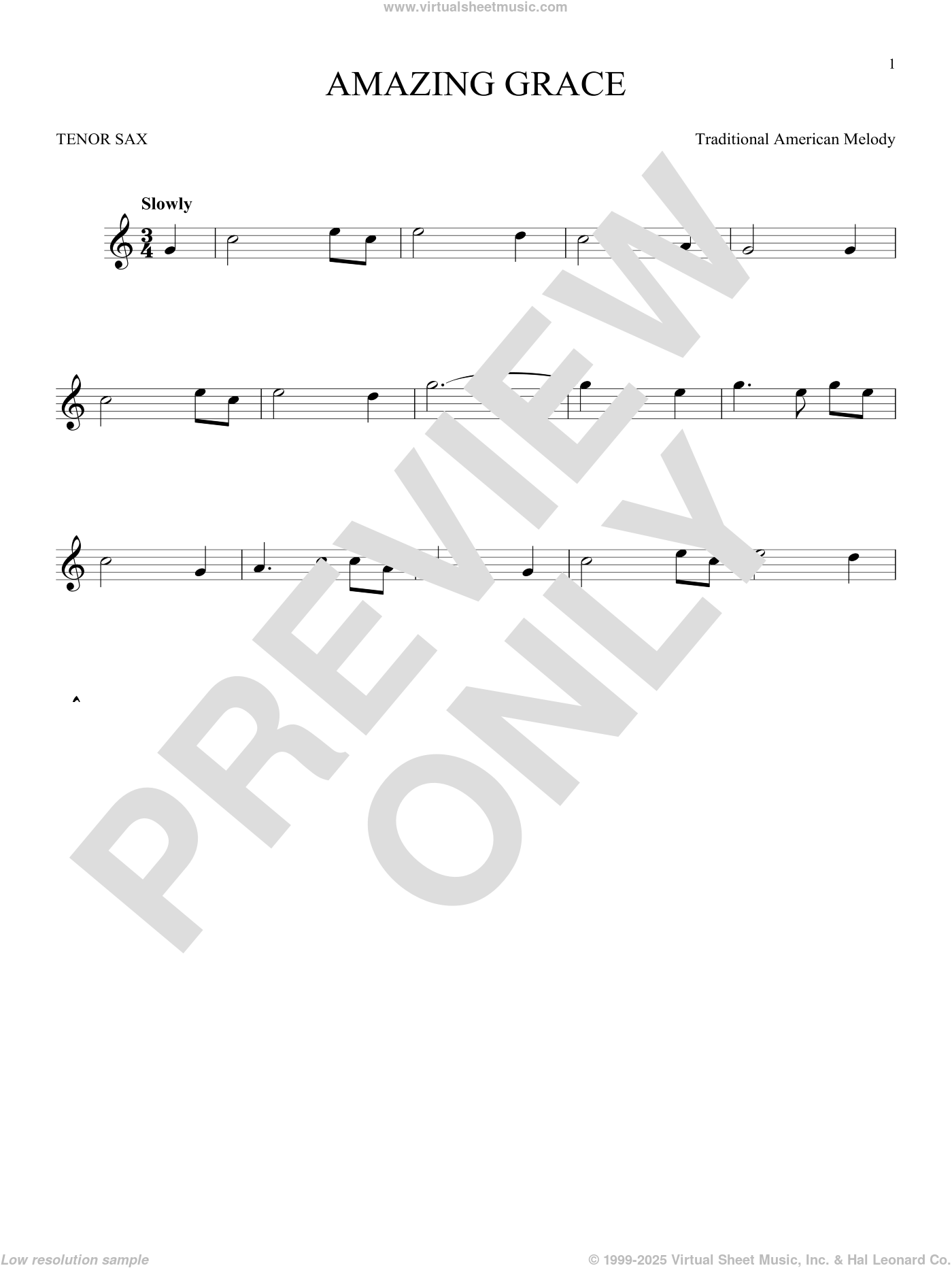 Amazing Grace sheet music for tenor saxophone solo (PDF)