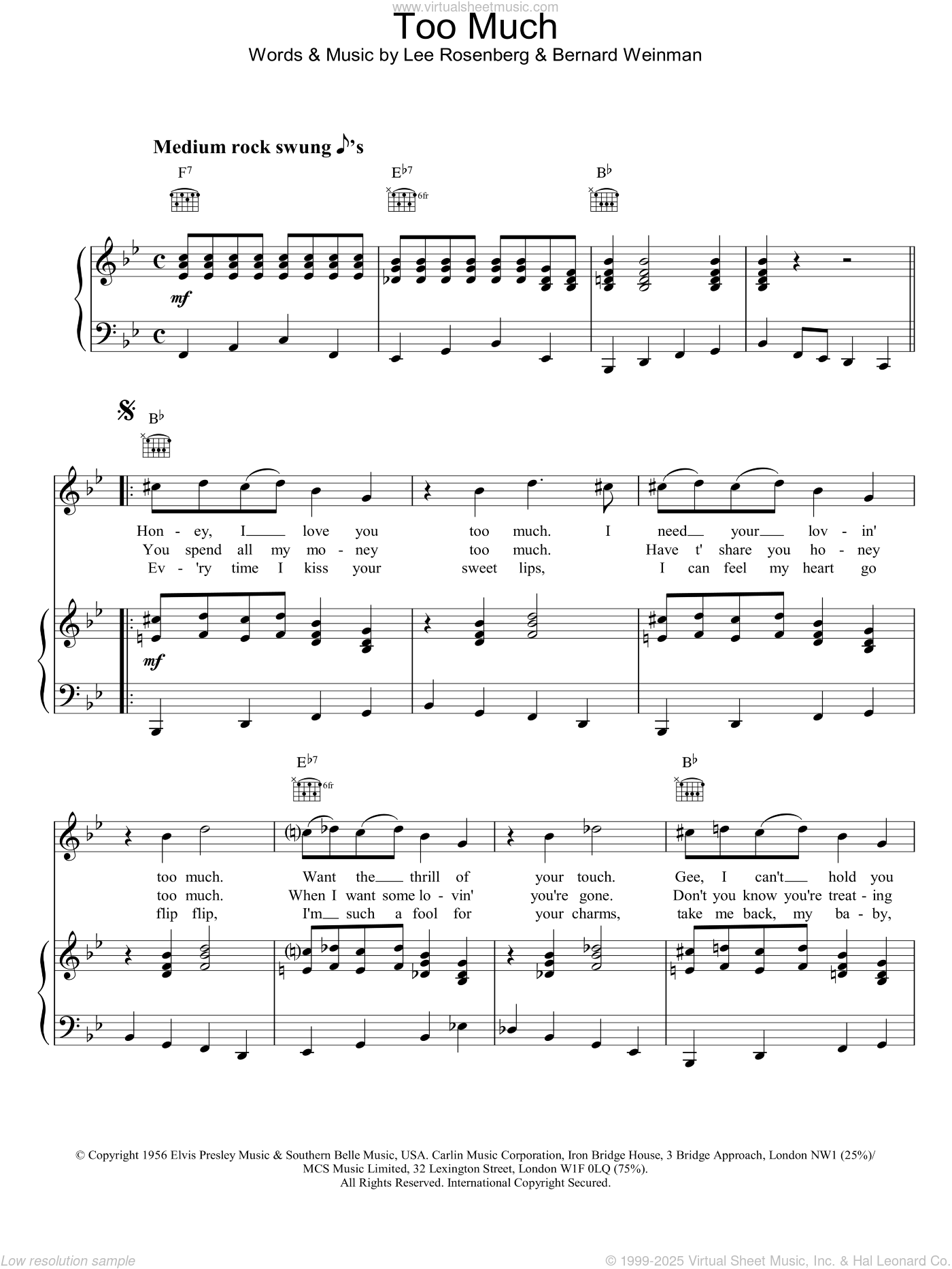 Elvis Presley: Too Much sheet music for voice, piano or guitar