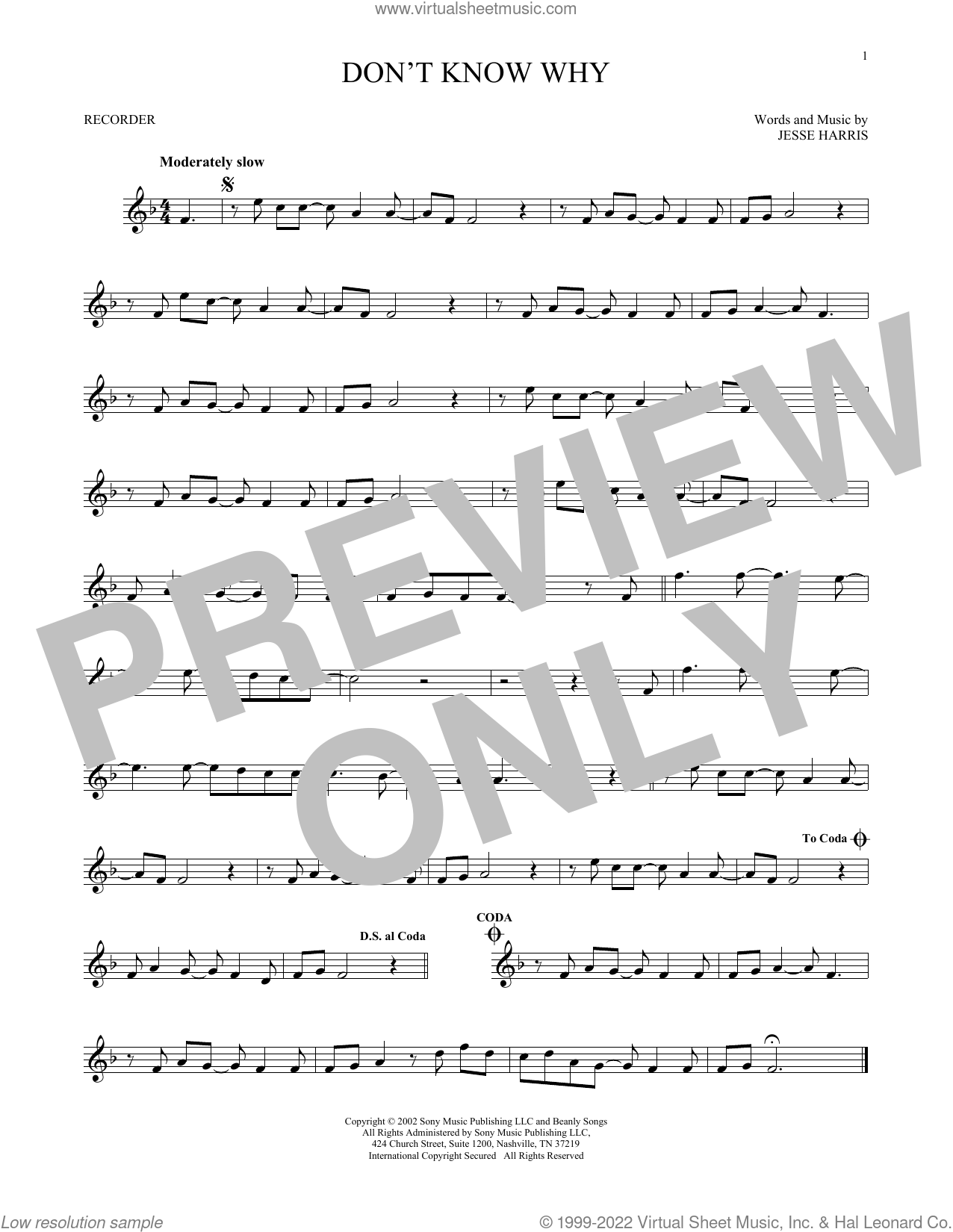 Don't Know Why sheet music for recorder solo (PDF-interactive)