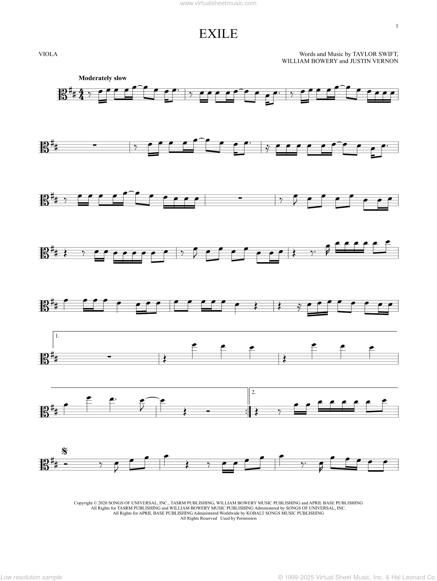 exile (feat. Bon Iver) sheet music for viola solo (PDF)