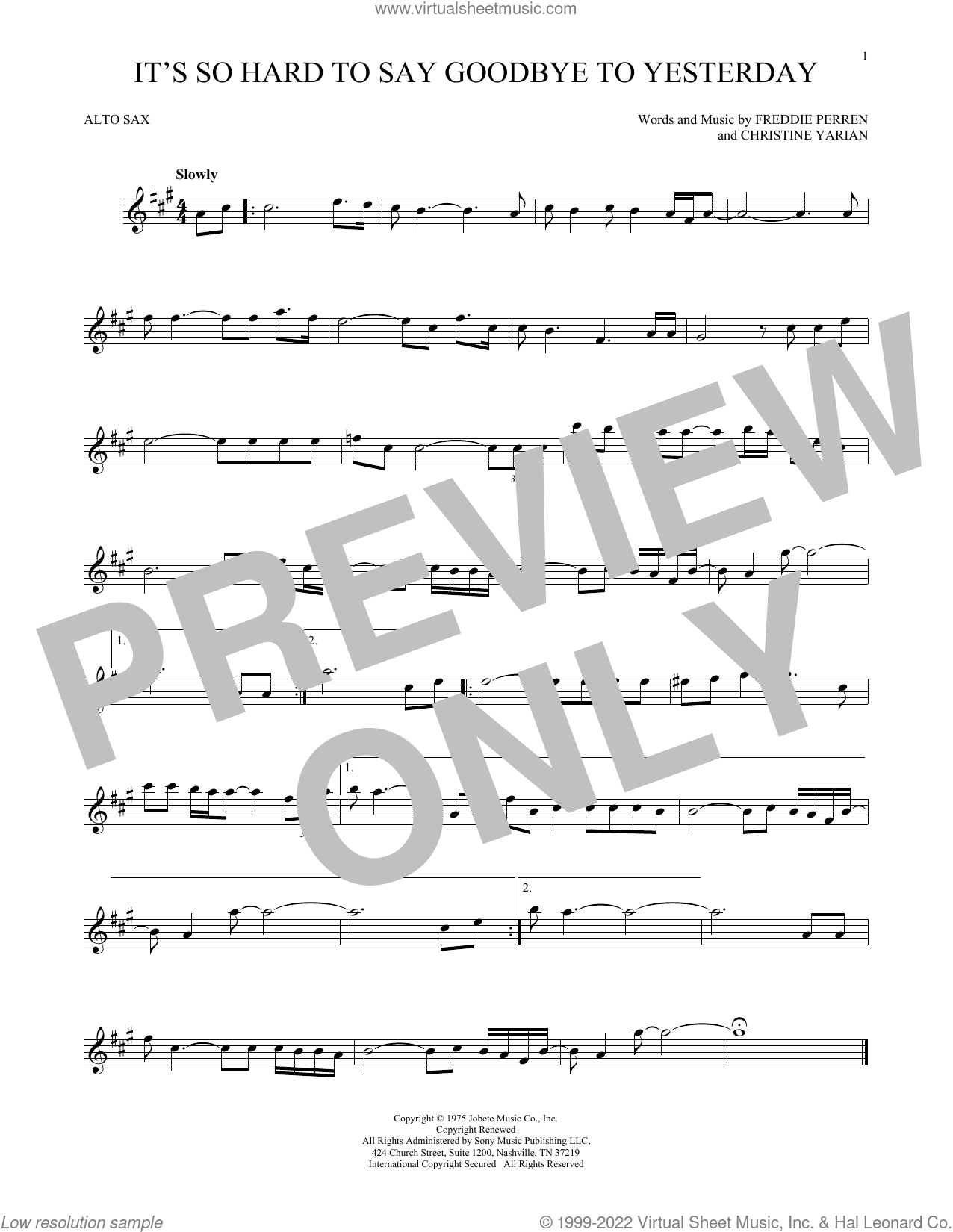 It's So Hard To Say Goodbye To Yesterday sheet music for alto saxophone ...
