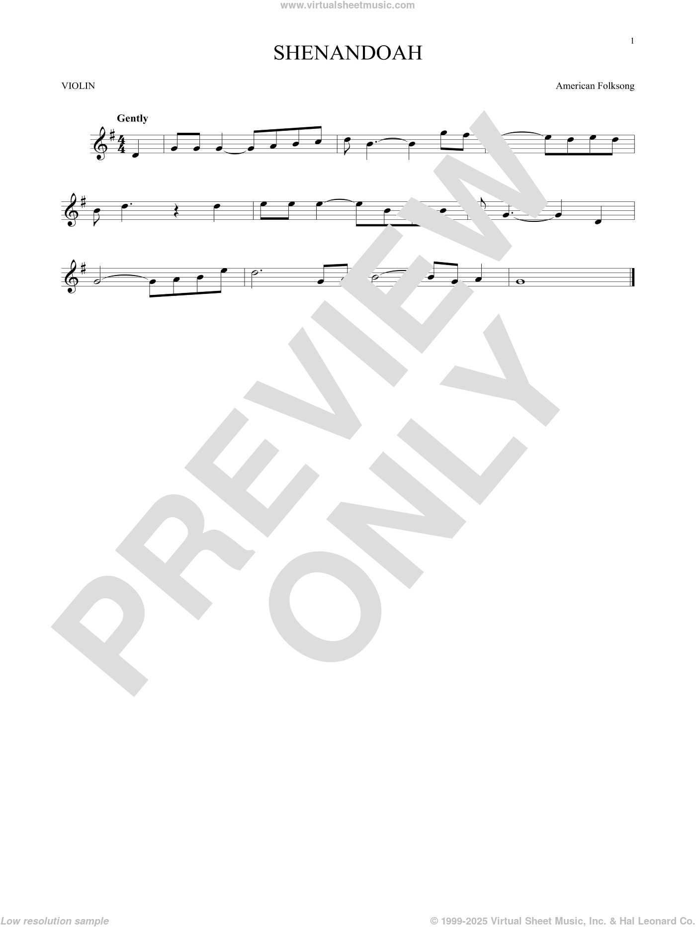 Shenandoah sheet music for violin solo (PDF-interactive)