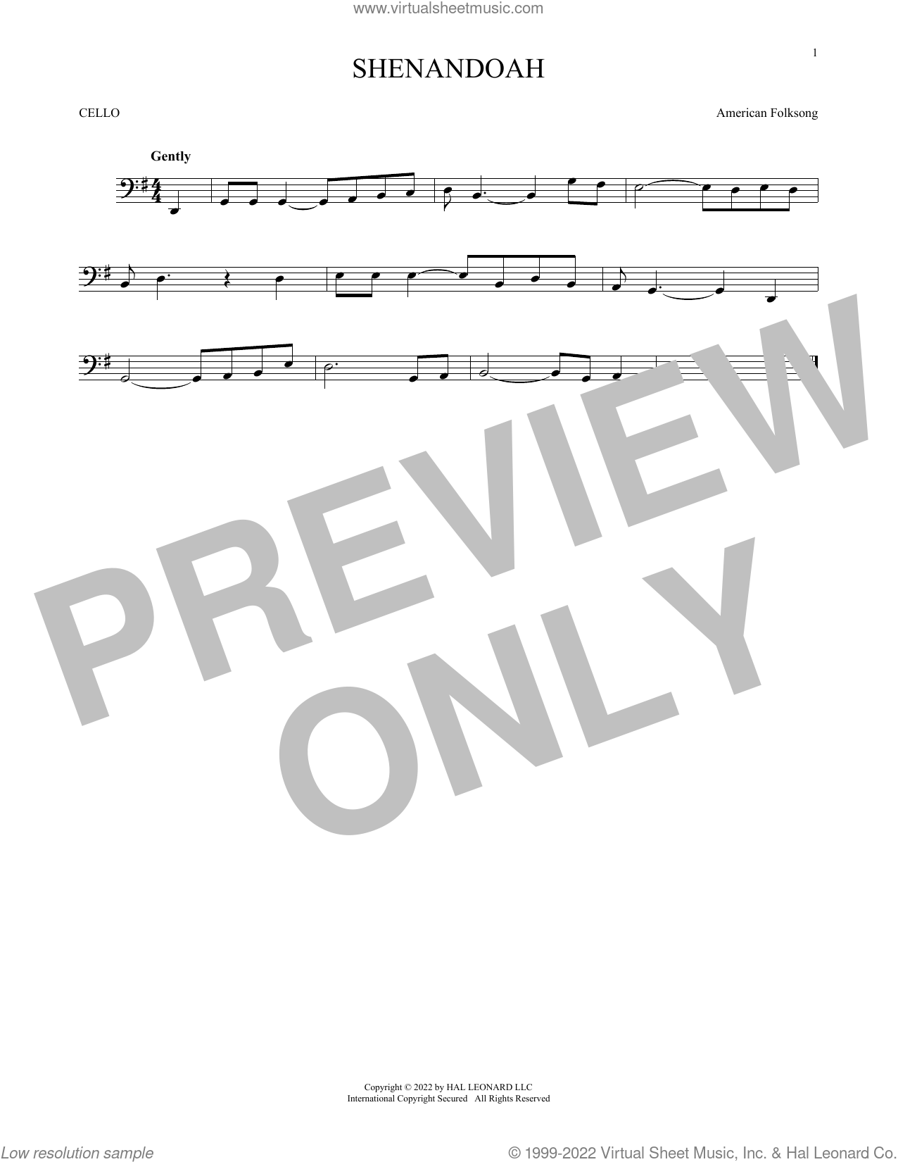 Shenandoah sheet music for cello solo (PDF-interactive)