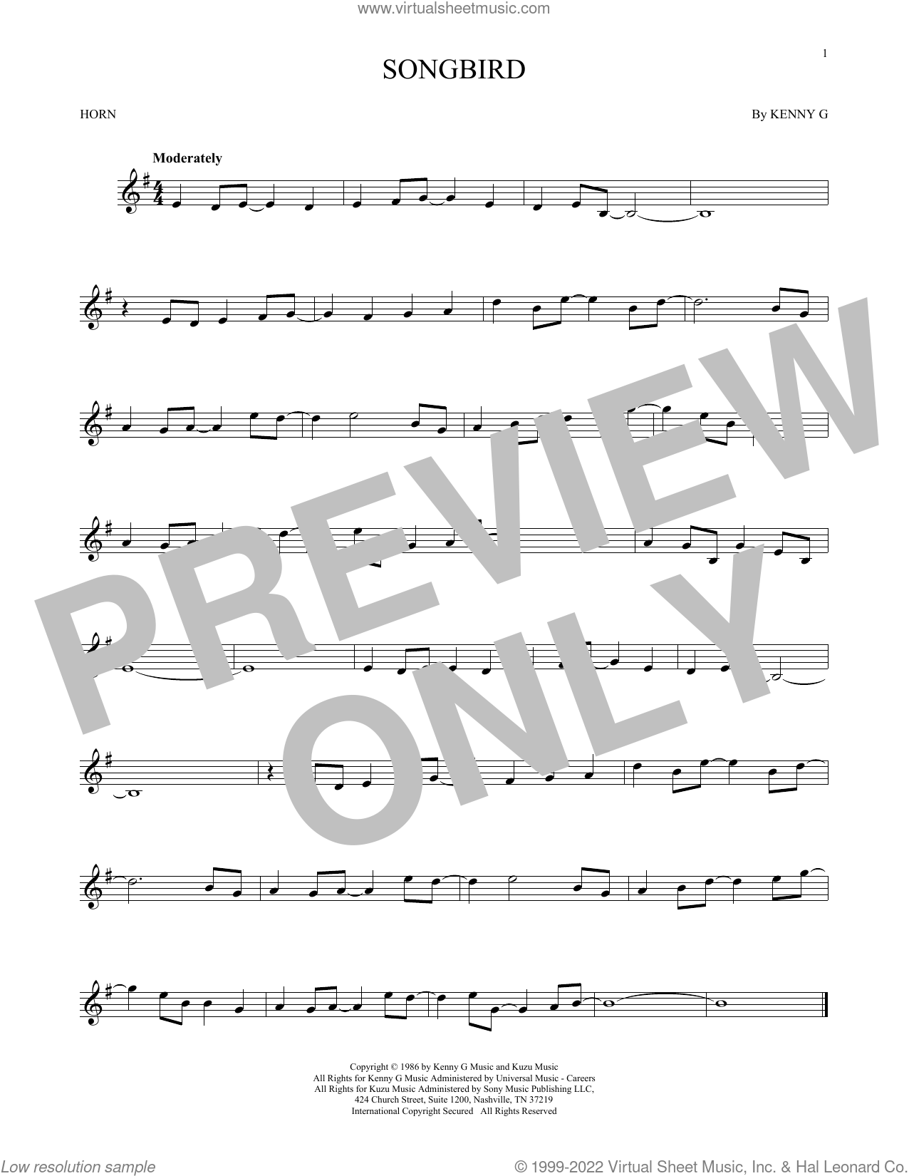 Songbird sheet music for horn solo (PDF-interactive)