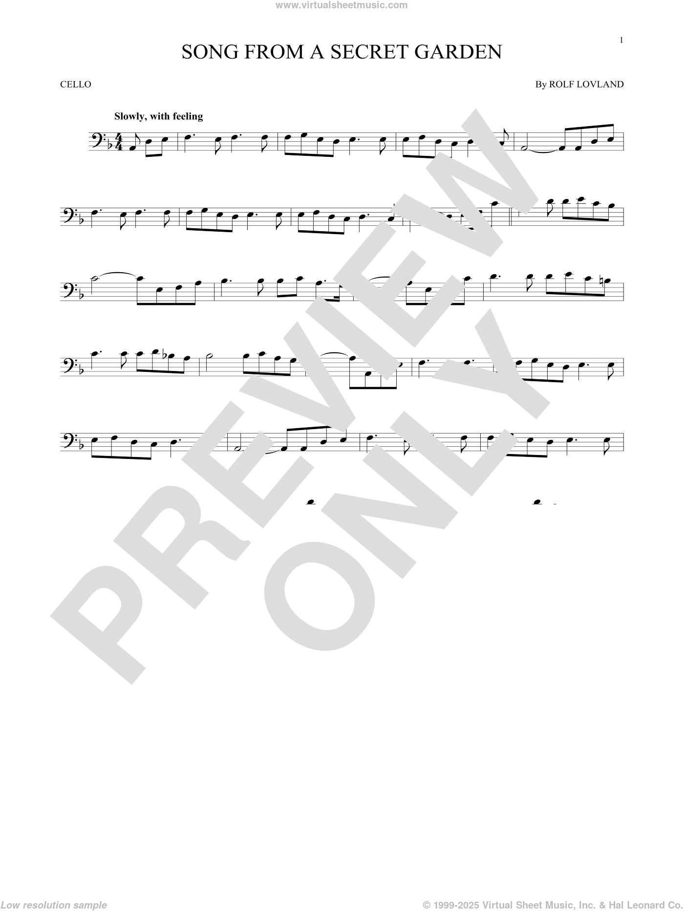 Song From A Secret Garden sheet music for cello solo (PDF)
