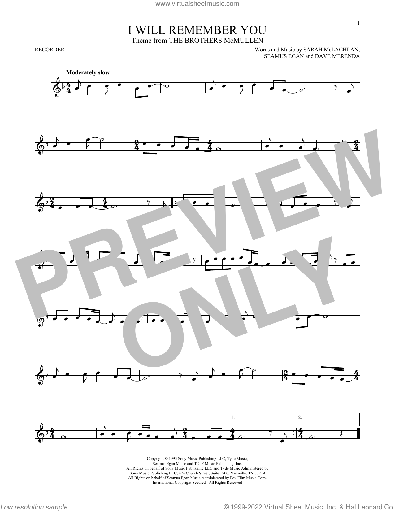 I Will Remember You sheet music for recorder solo (PDF)