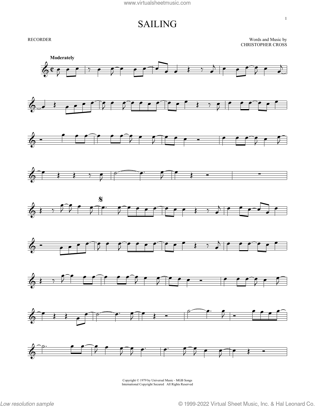 Sailing sheet music for recorder solo (PDF-interactive)
