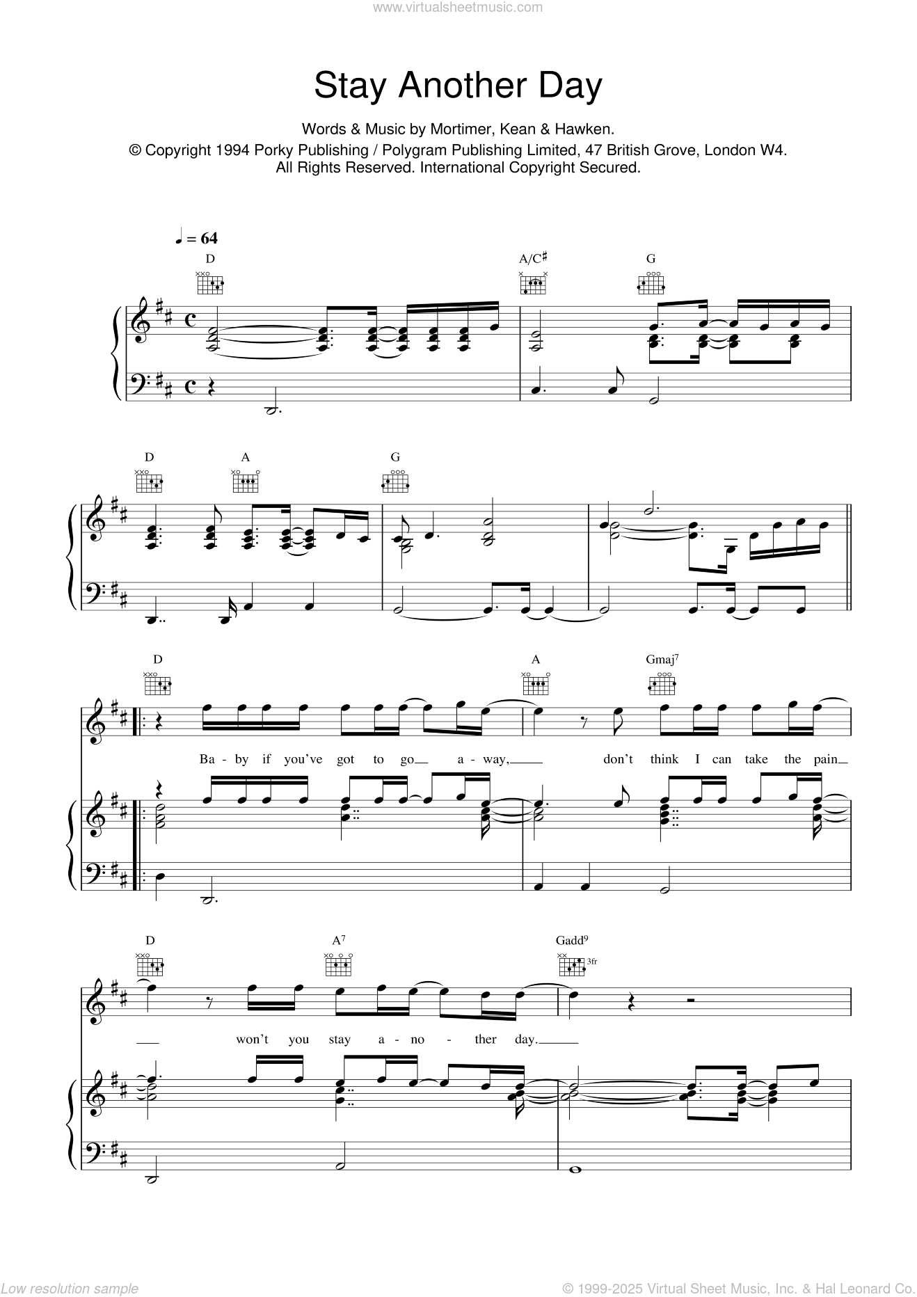 Stay Another Day sheet music for voice, piano or guitar (PDF)