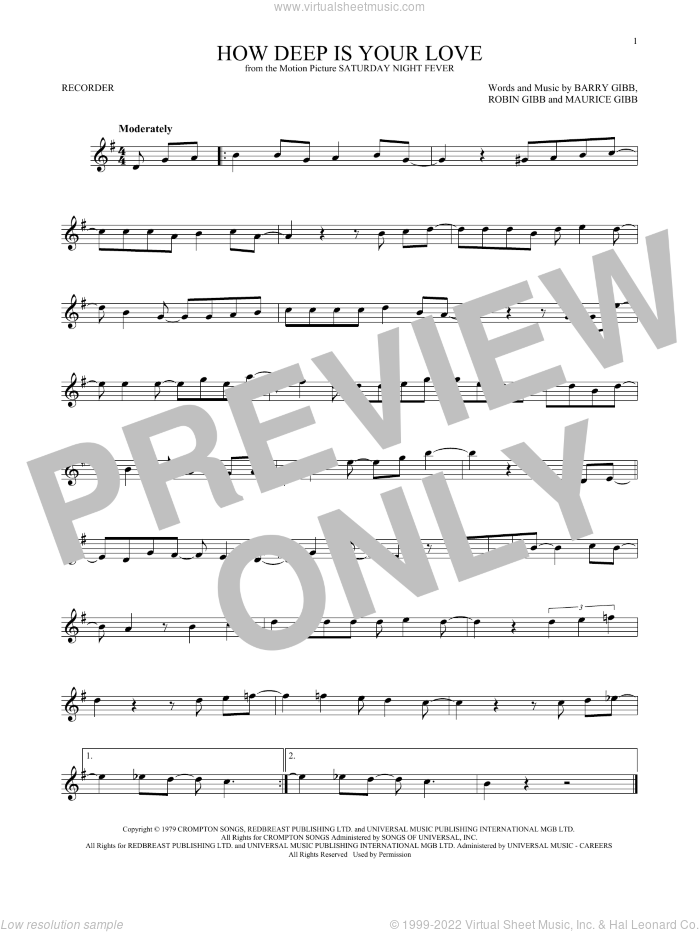 How Deep Is Your Love sheet music for recorder solo (PDF)
