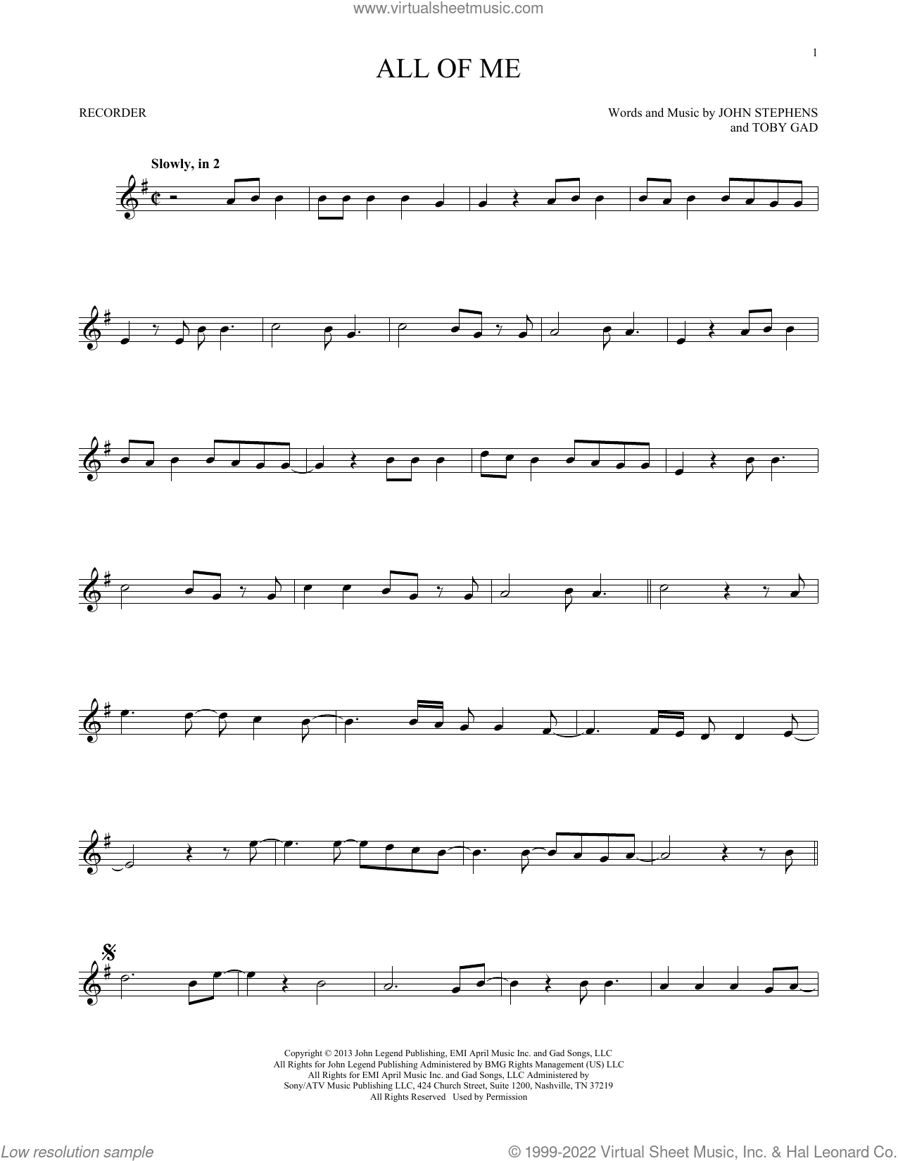 All Of Me sheet music for recorder solo (PDF-interactive)