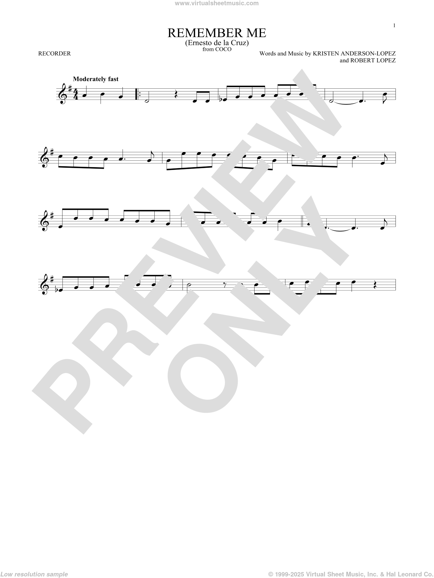 Remember Me (Ernesto de la Cruz) (from Coco) sheet music for recorder solo